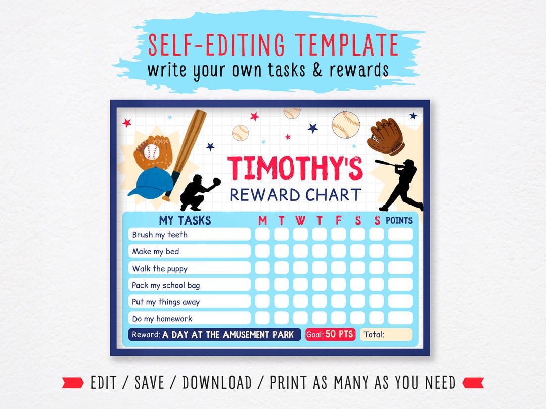 EDITABLE Baseball Reward Chart,boys Reward Chart,baseball Chore Chart ...
