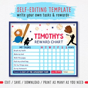 EDITABLE Baseball Reward Chart,boys Reward Chart,baseball Chore Chart ...