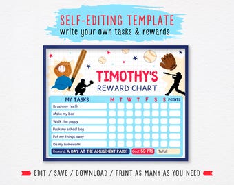 EDITABLE Baseball Reward Chart,boys Reward Chart,baseball Chore Chart ...