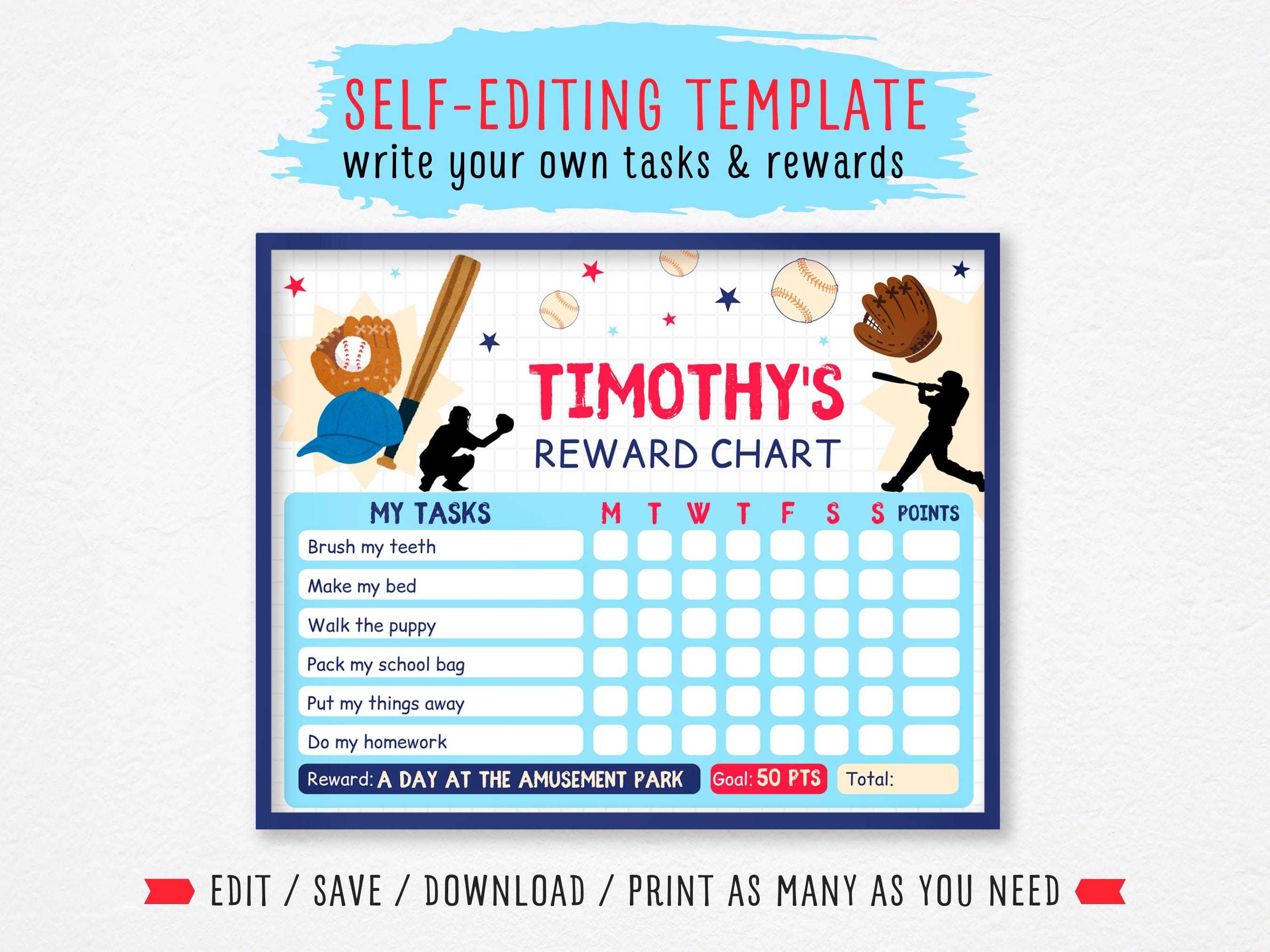 EDITABLE Baseball Reward Chart,boys Reward Chart,baseball Chore Chart ...