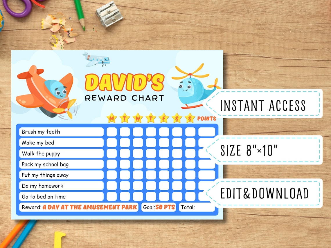EDITABLE Airplane Reward Chart,behavior Reward Chart for Boys ...