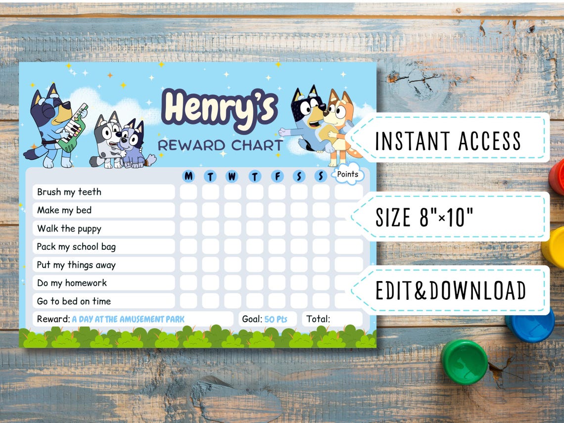 EDITABLE Reward Chart Bluey,behavior Reward Chart for Kids,blue Puppy ...