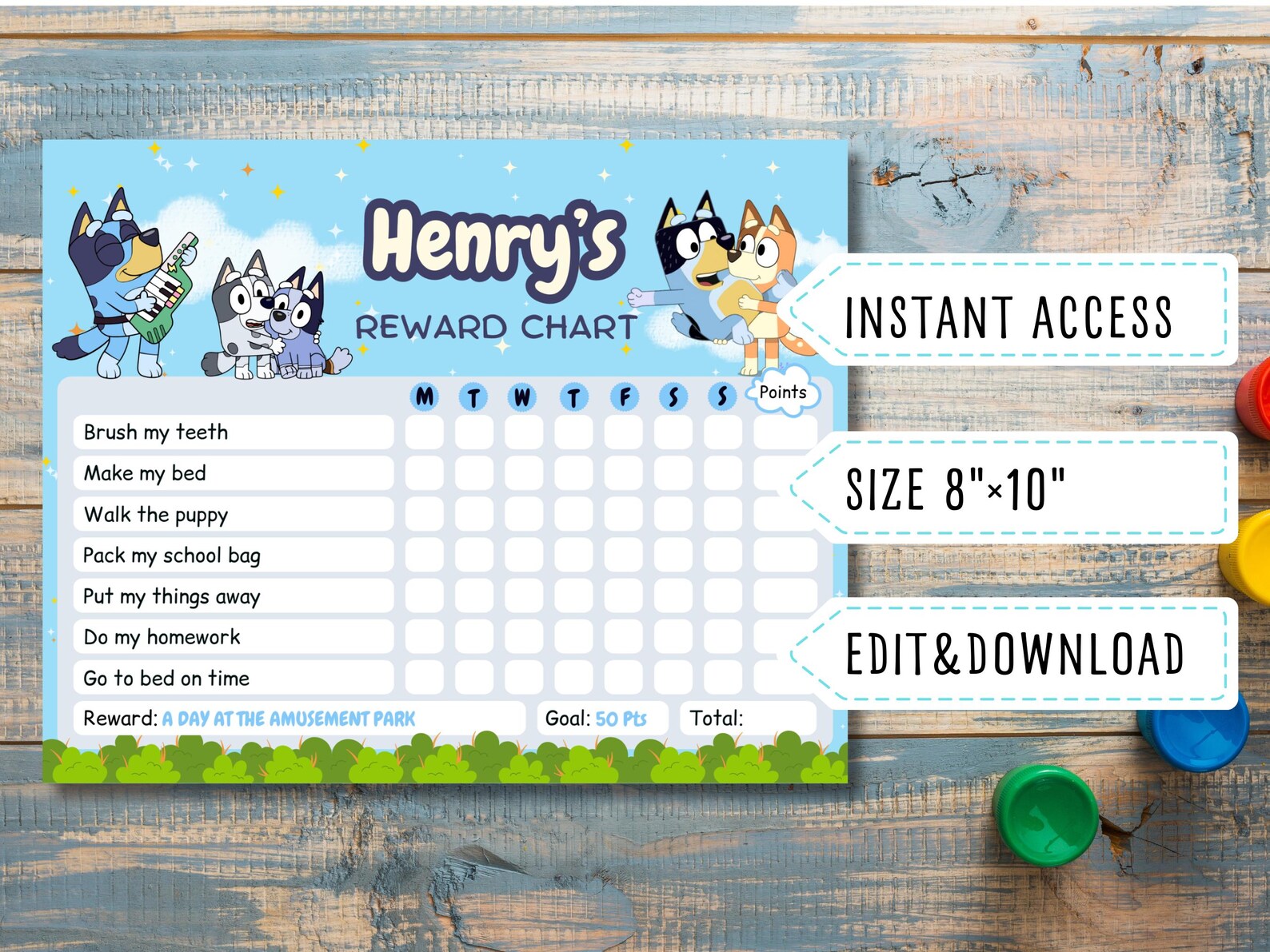 EDITABLE Reward Chart Bluey,behavior Reward Chart for Kids,blue Puppy ...