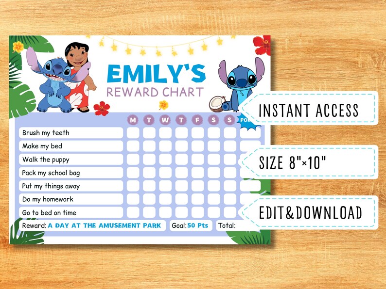 EDITABLE Reward Chart Lilo & Stich,behavior Reward Chart for Kids,lili Stitch Chore Chart,daily ...