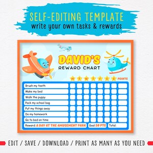 EDITABLE Airplane Reward Chart,behavior Reward Chart for Boys ...