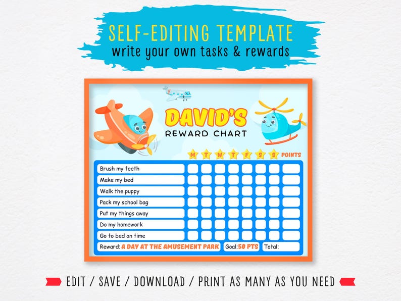EDITABLE Airplane Reward Chart,behavior Reward Chart for Boys ...