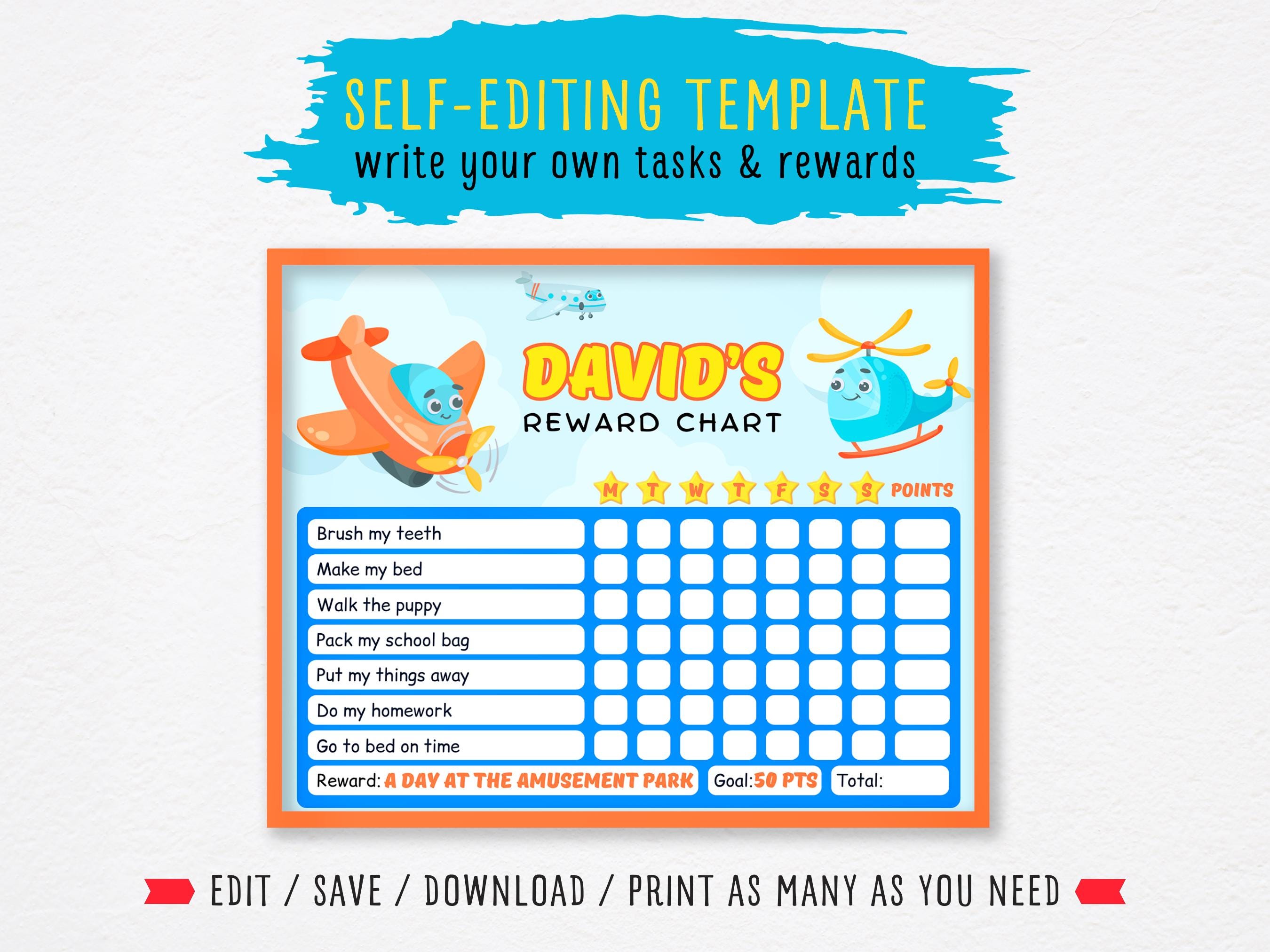 EDITABLE Airplane Reward Chart,behavior Reward Chart for Boys ...
