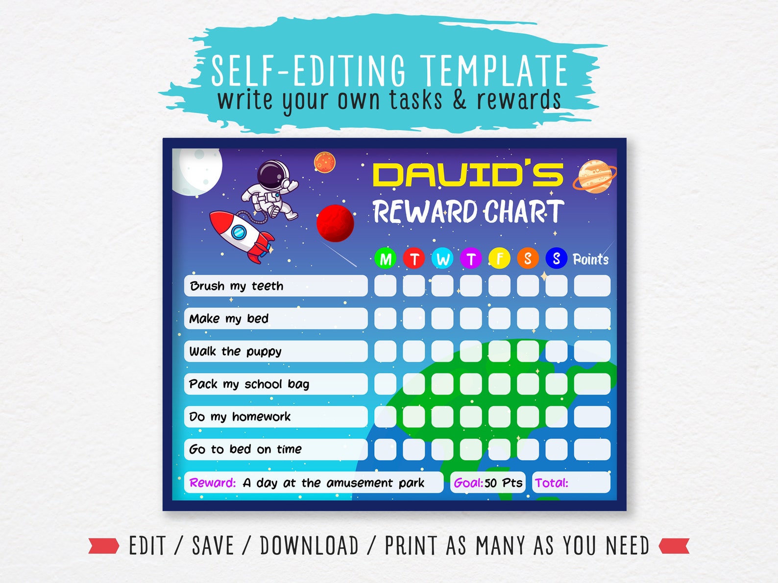 EDITABLE Space Reward Chart, Space Behavior Chart, Astronaut Chore ...