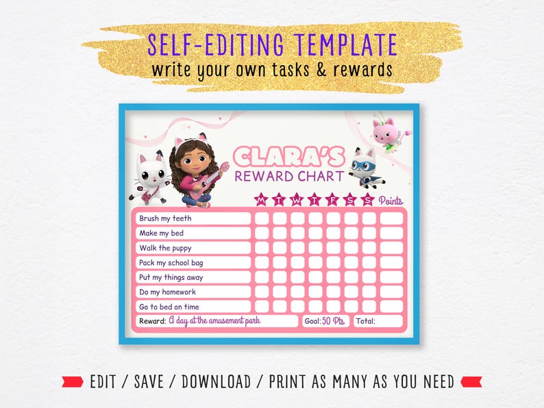 EDITABLE Reward Chart Gabby's Dollhouse for Kids, Chore Chart,instant ...