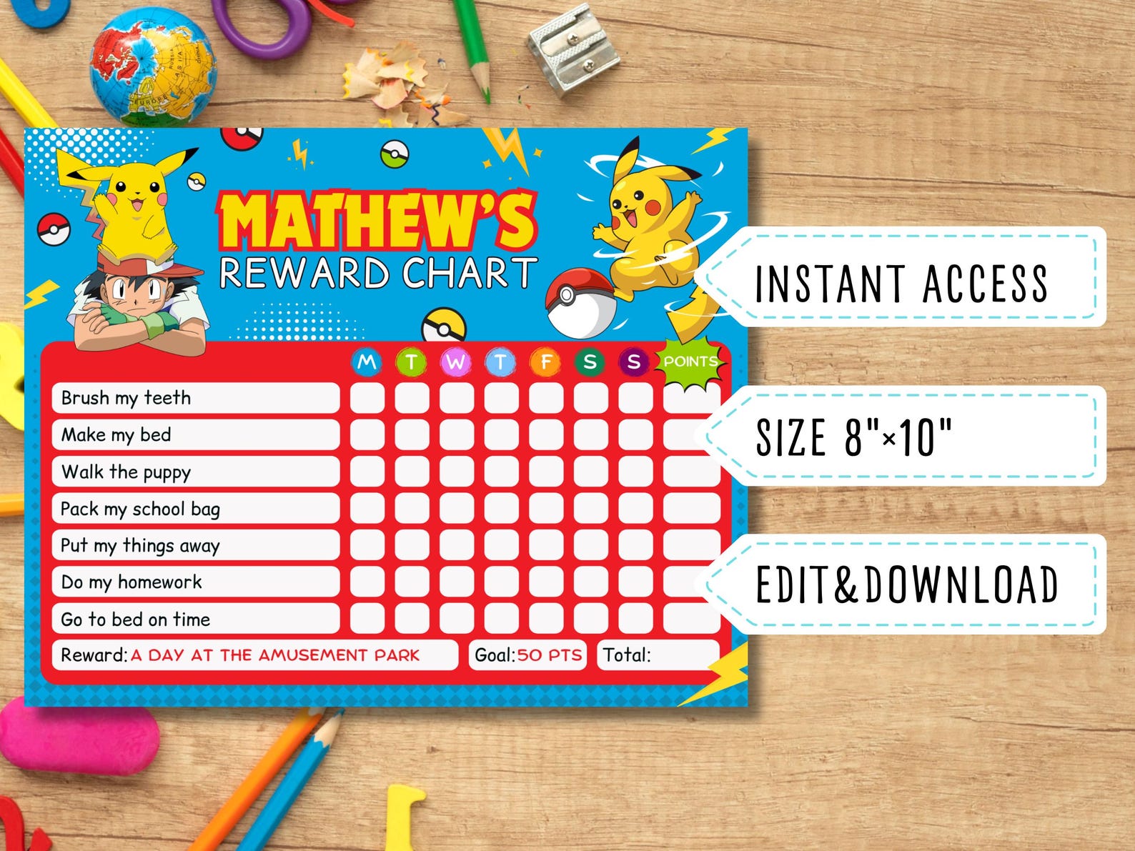 EDITABLE Reward Chart Pikachu,pokemon Behavior Reward Chart for Kids ...