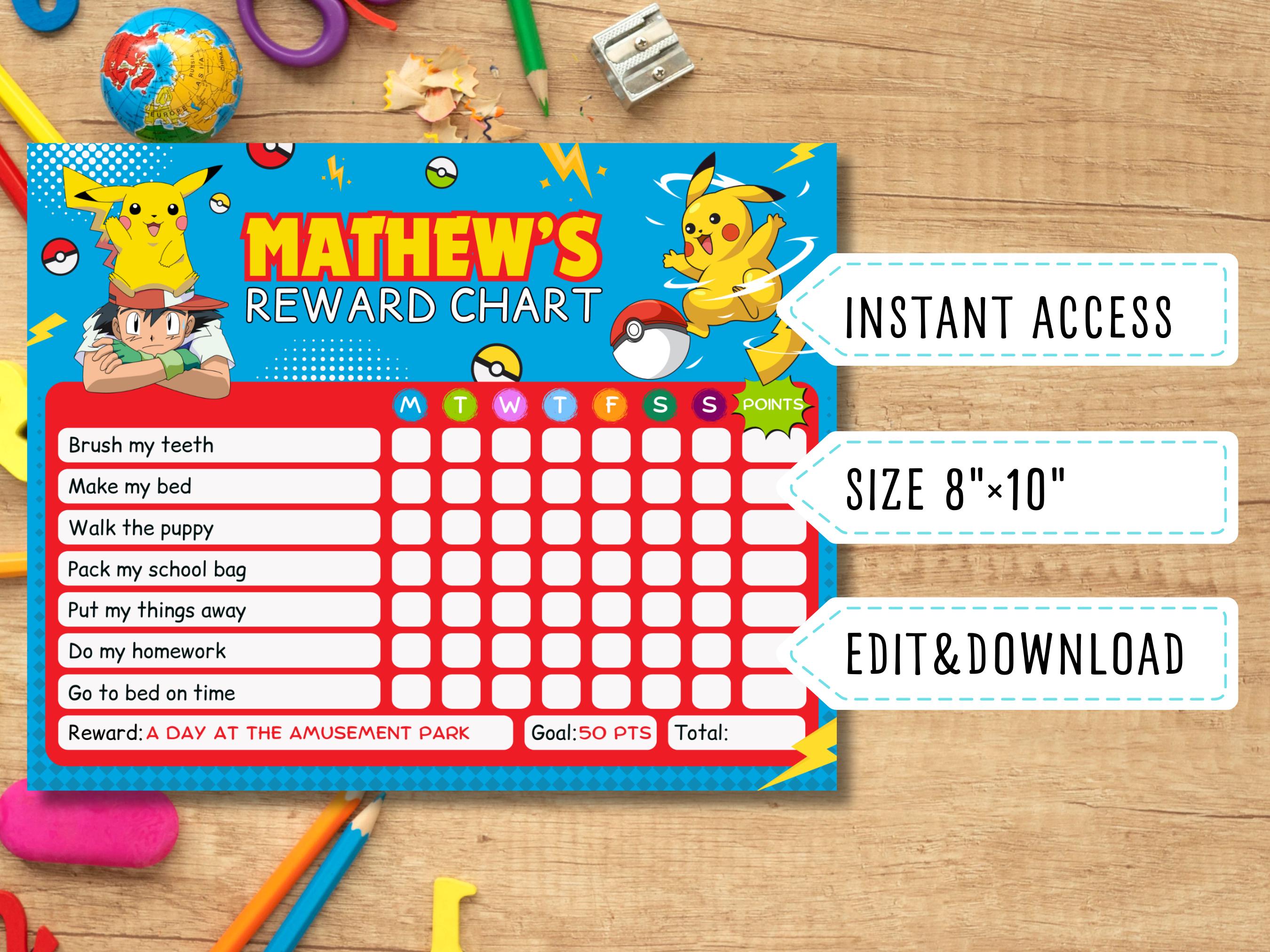 EDITABLE Reward Chart Pikachu,pokemon Behavior Reward Chart for Kids ...
