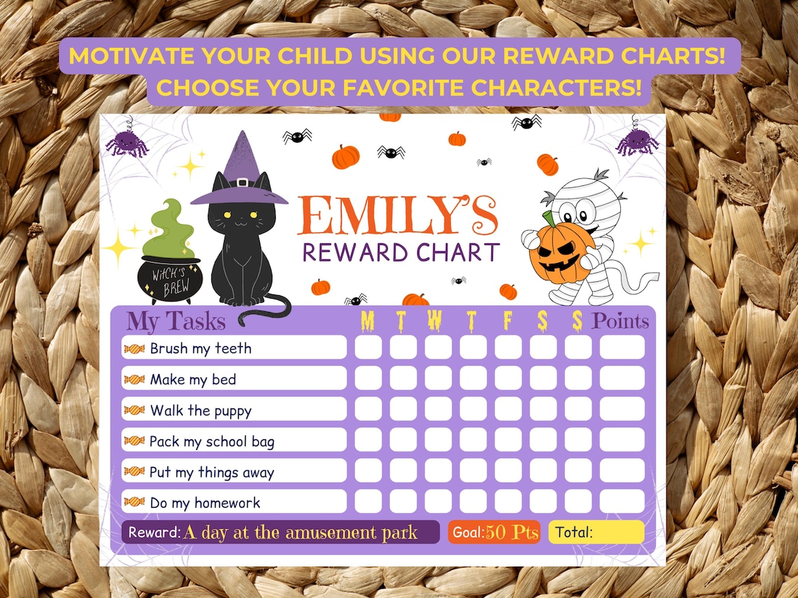 EDITABLE Halloween Reward Chart,girls Reward Chart,october Chore Chart ...