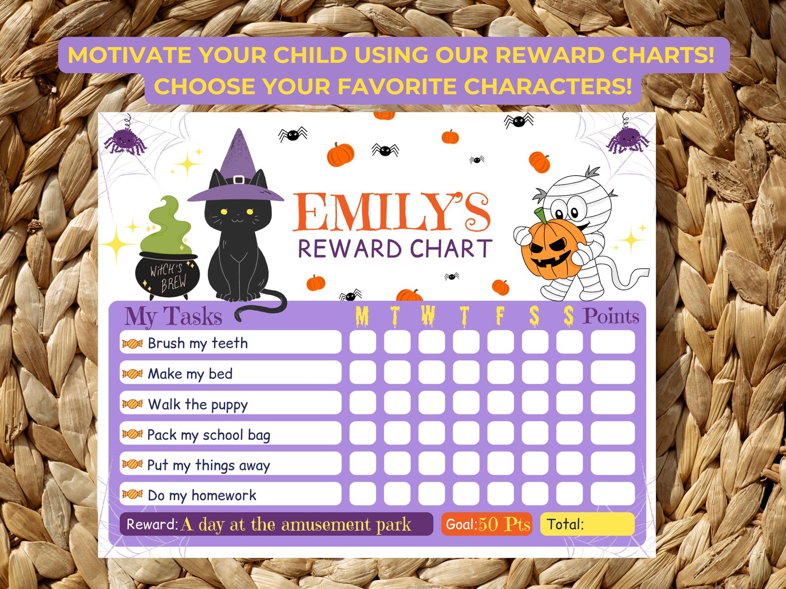 EDITABLE Halloween Reward Chart,girls Reward Chart,october Chore Chart ...