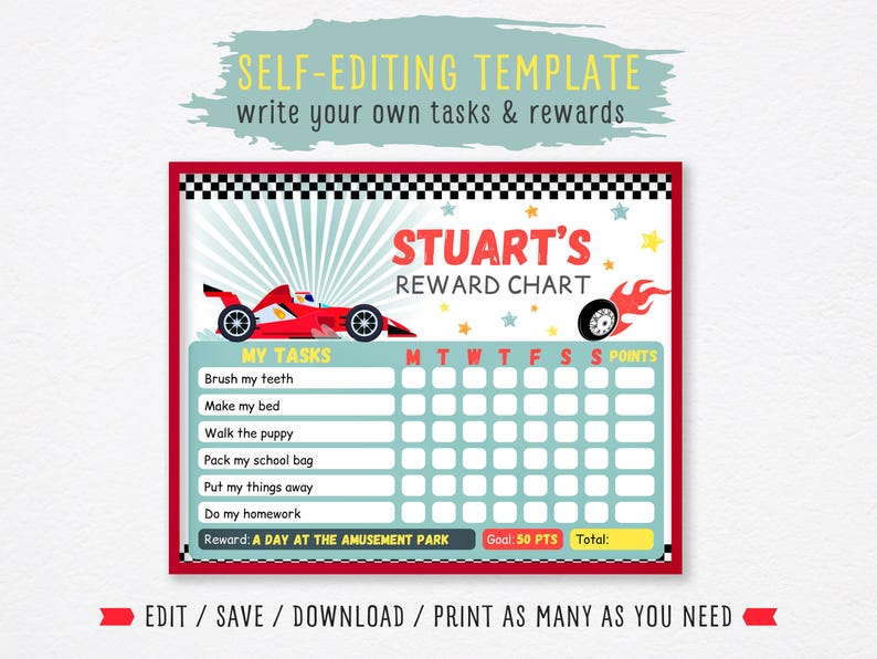 EDITABLE Reward Chart Racing,behavior Reward Chart for Kids,f1 Racing ...