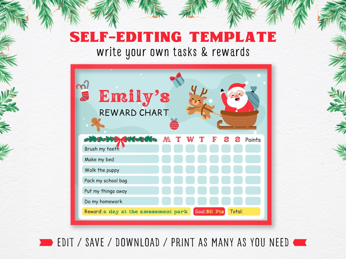 EDITABLE Christmas Reward Chart,new Year's Behavior Chart,santa Chore ...