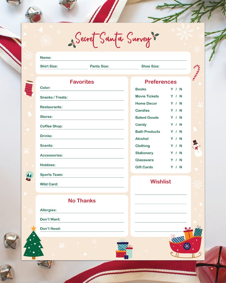 Secret Santa Questionnaire, Printable Secret Santa Questions, Gift ...