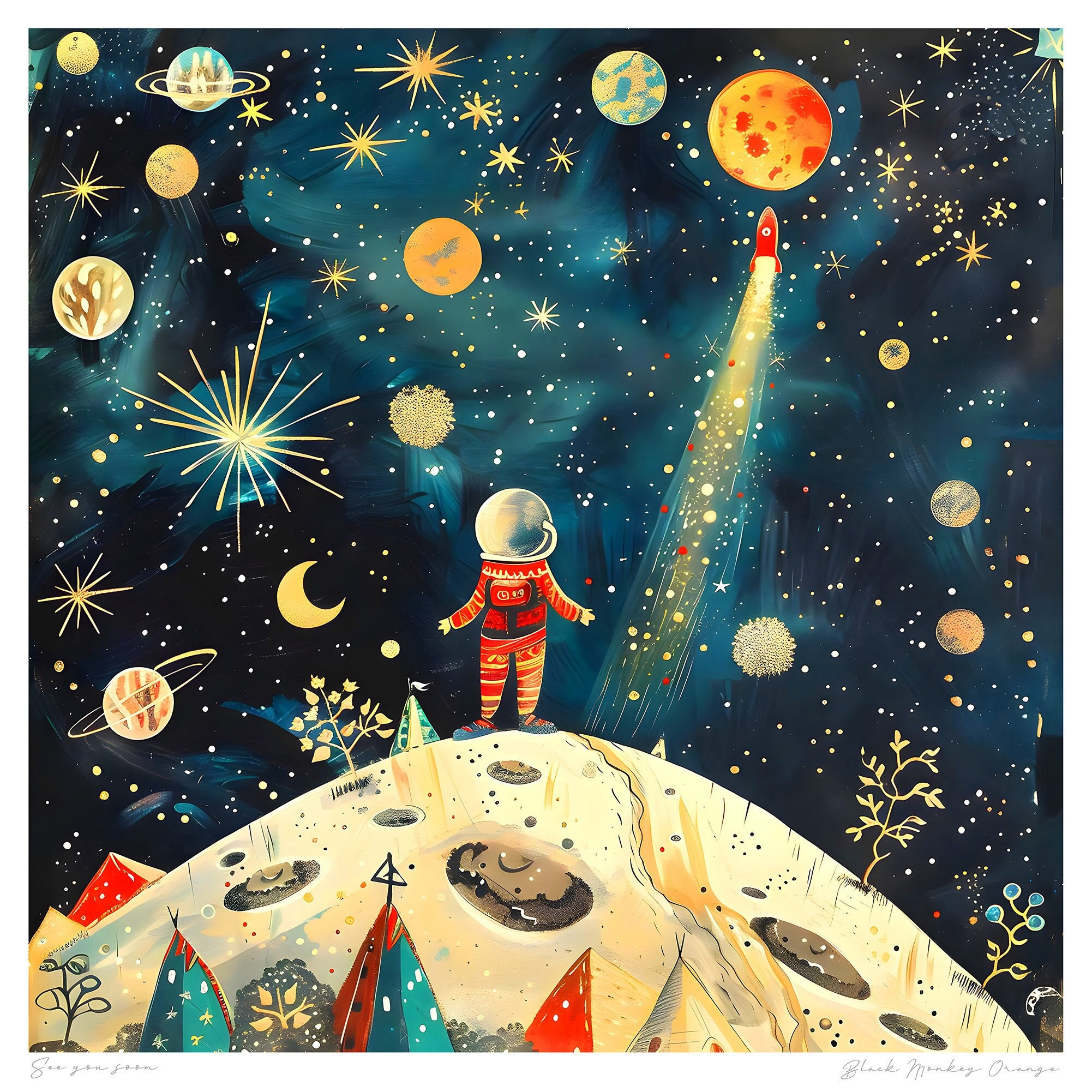 Outer Space Poster Planet Stars Rocketship for Space Enthusiast Kid ...