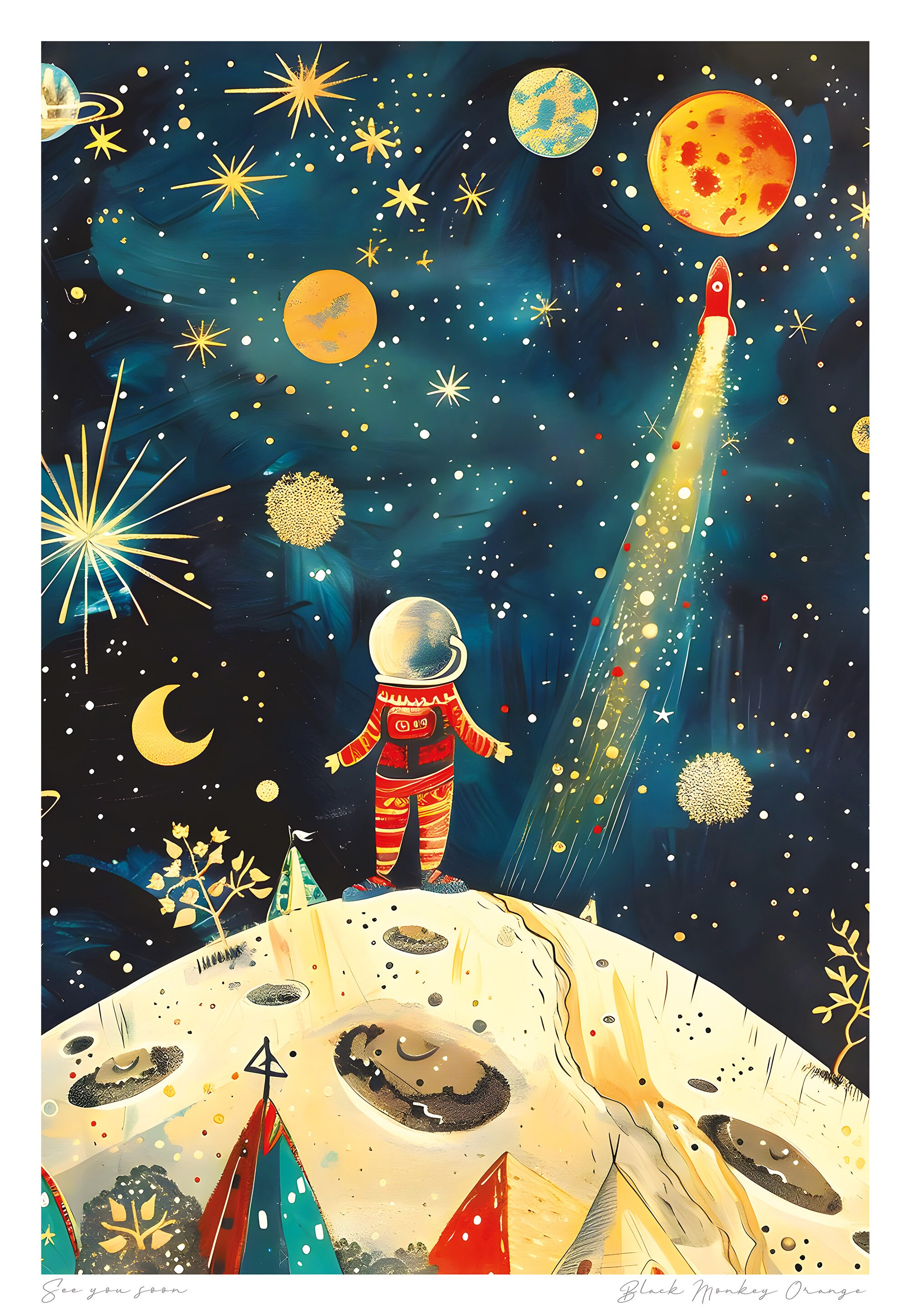 Outer Space Poster Planet Stars Rocketship for Space Enthusiast Kid ...