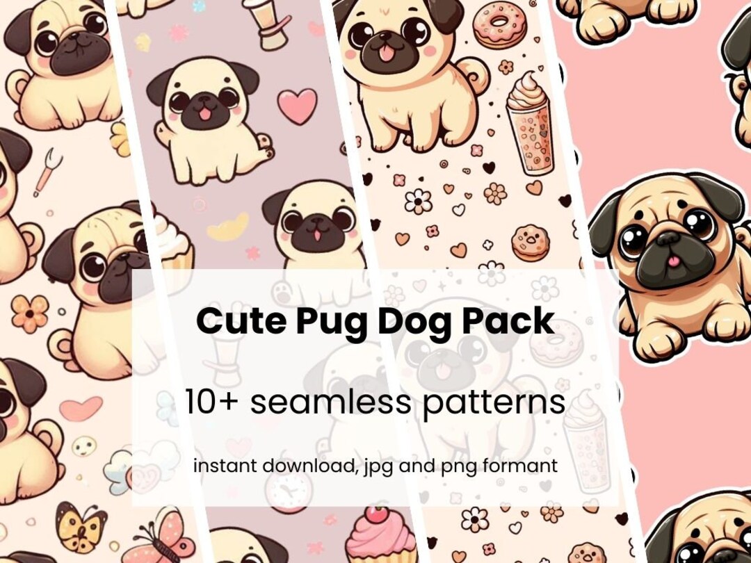 Cute Pug Seamless Kawaii Chibi Watercolor for Digital Paper Wallpaper ...