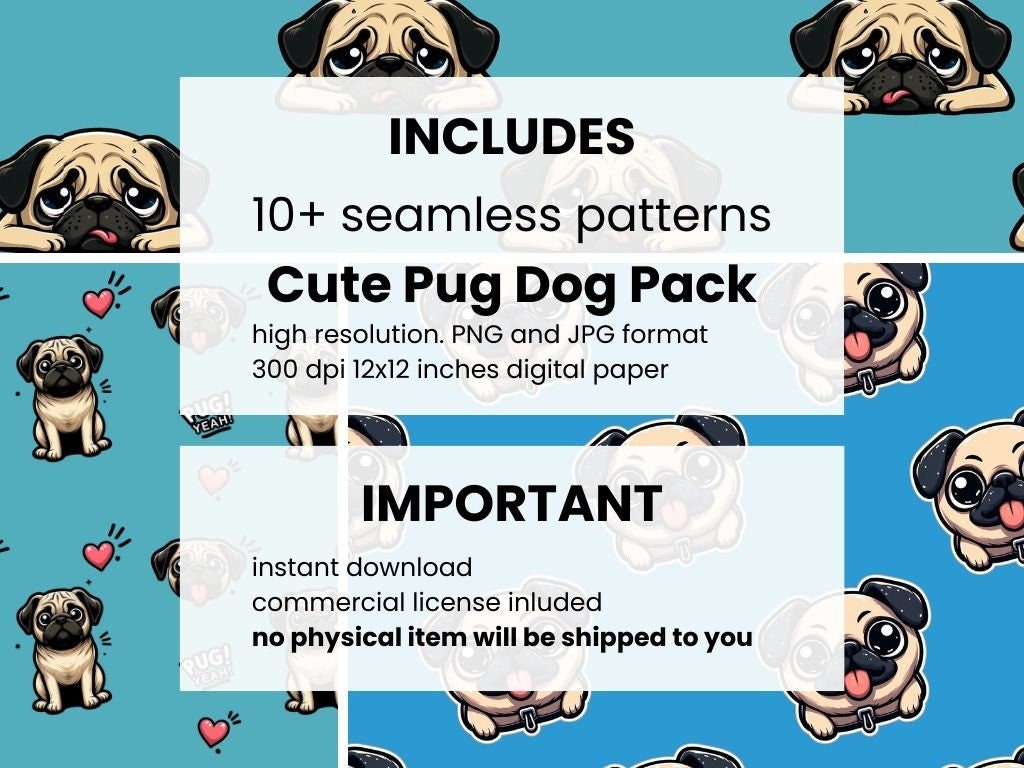 Cute Pug Seamless Kawaii Chibi Watercolor for Digital Paper Wallpaper ...