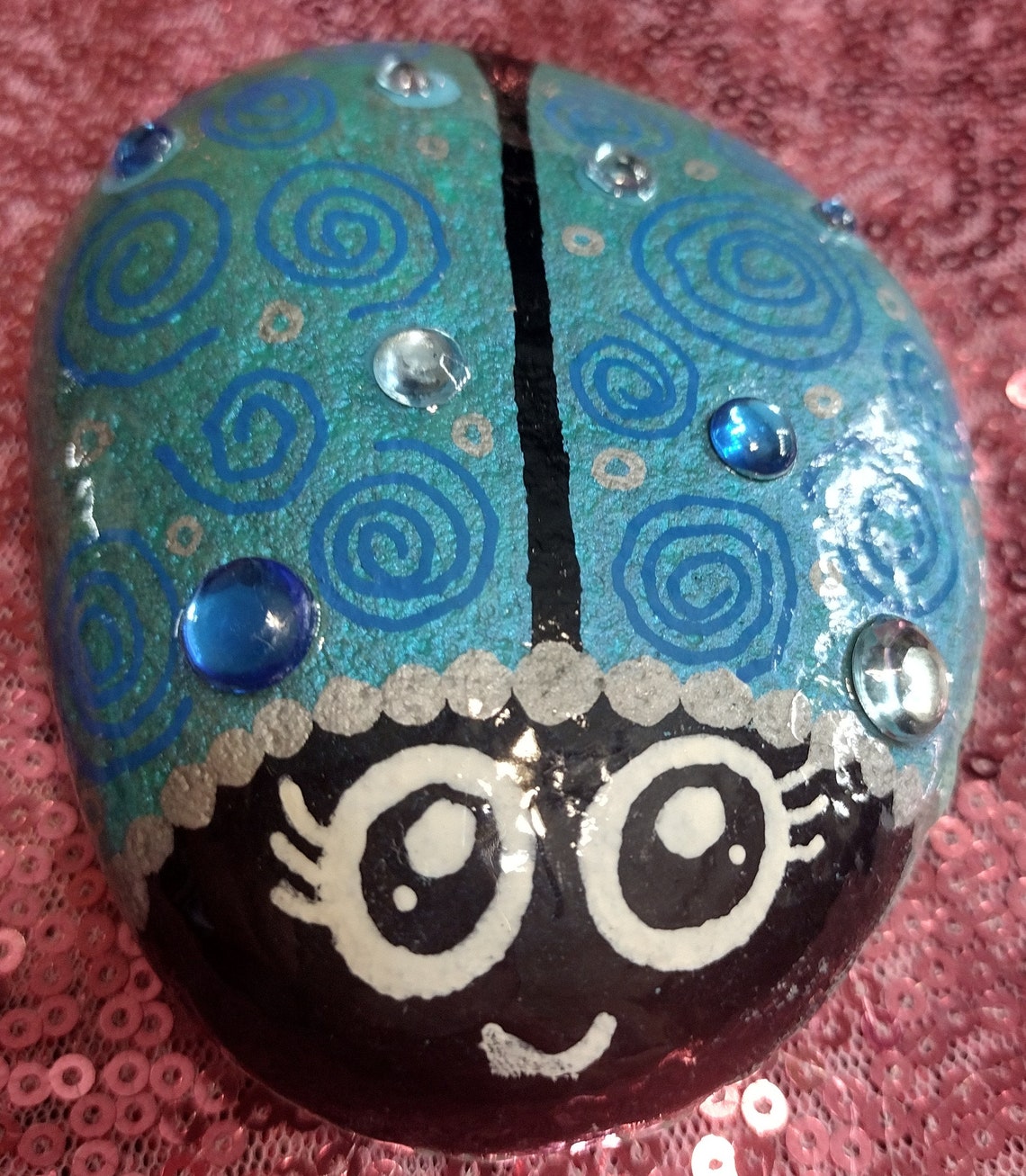 Blue Lady Bug With Gems Painted Rock - Etsy