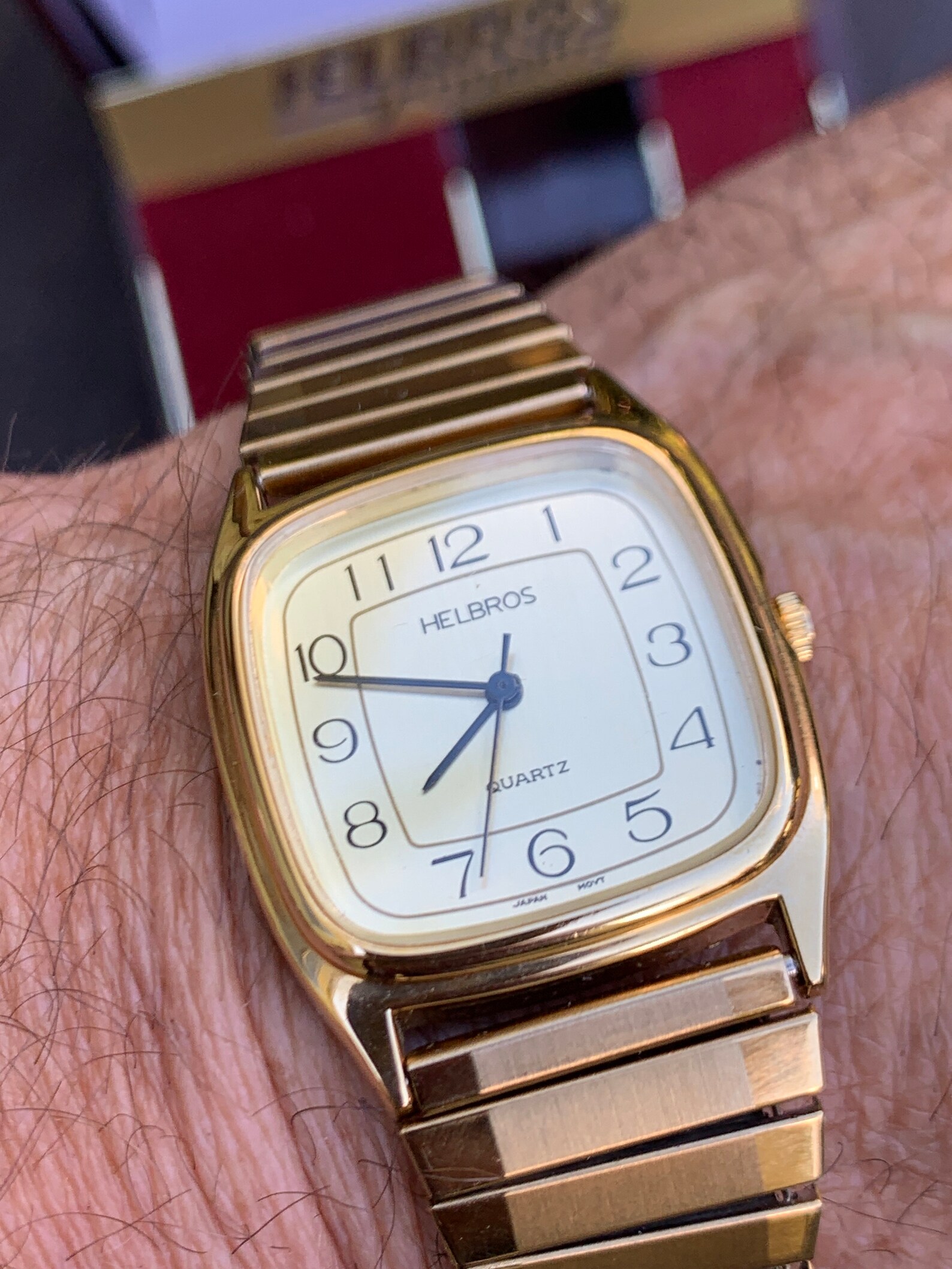1990s Helbros Quartz Tank Watch Gold Tone Finish, Gold Dial, in Box ...