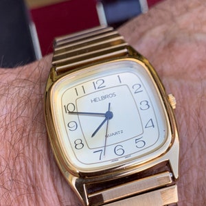 1990s Helbros Quartz Tank Watch Gold Tone Finish, Gold Dial, in Box ...
