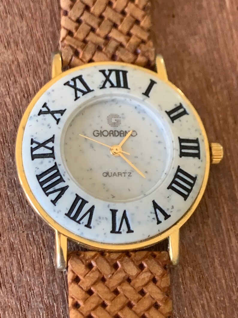 1990s Faux Stone and Gold sundial Watch From Giordano. Inset Roman ...