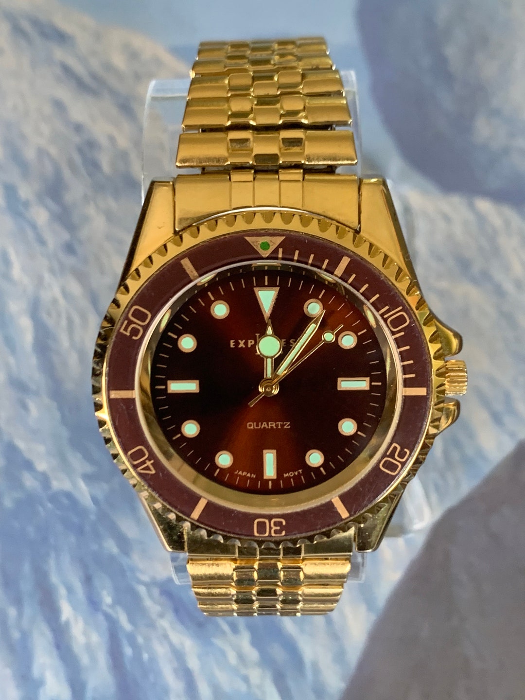 Big Gold Tone Faux Diver Watch LA Express Radiant Dial With Great Lumed ...