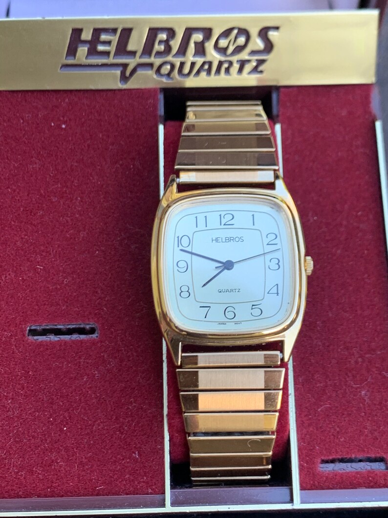 1990s Helbros Quartz Tank Watch Gold Tone Finish, Gold Dial, in Box ...