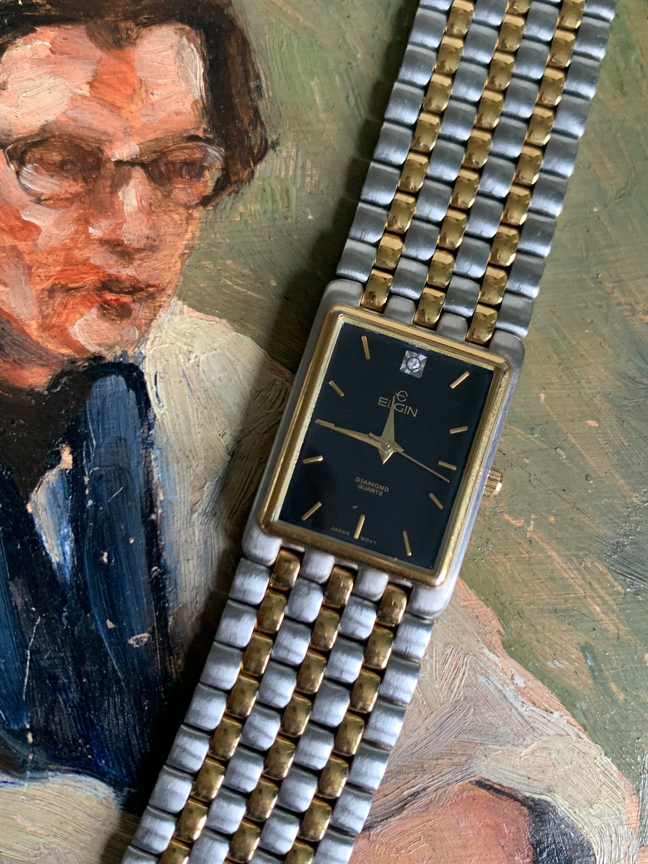 Fancy Elgin Tank Watch 1980s Elgin Two Tone Diamond Quarts Metal Tank ...