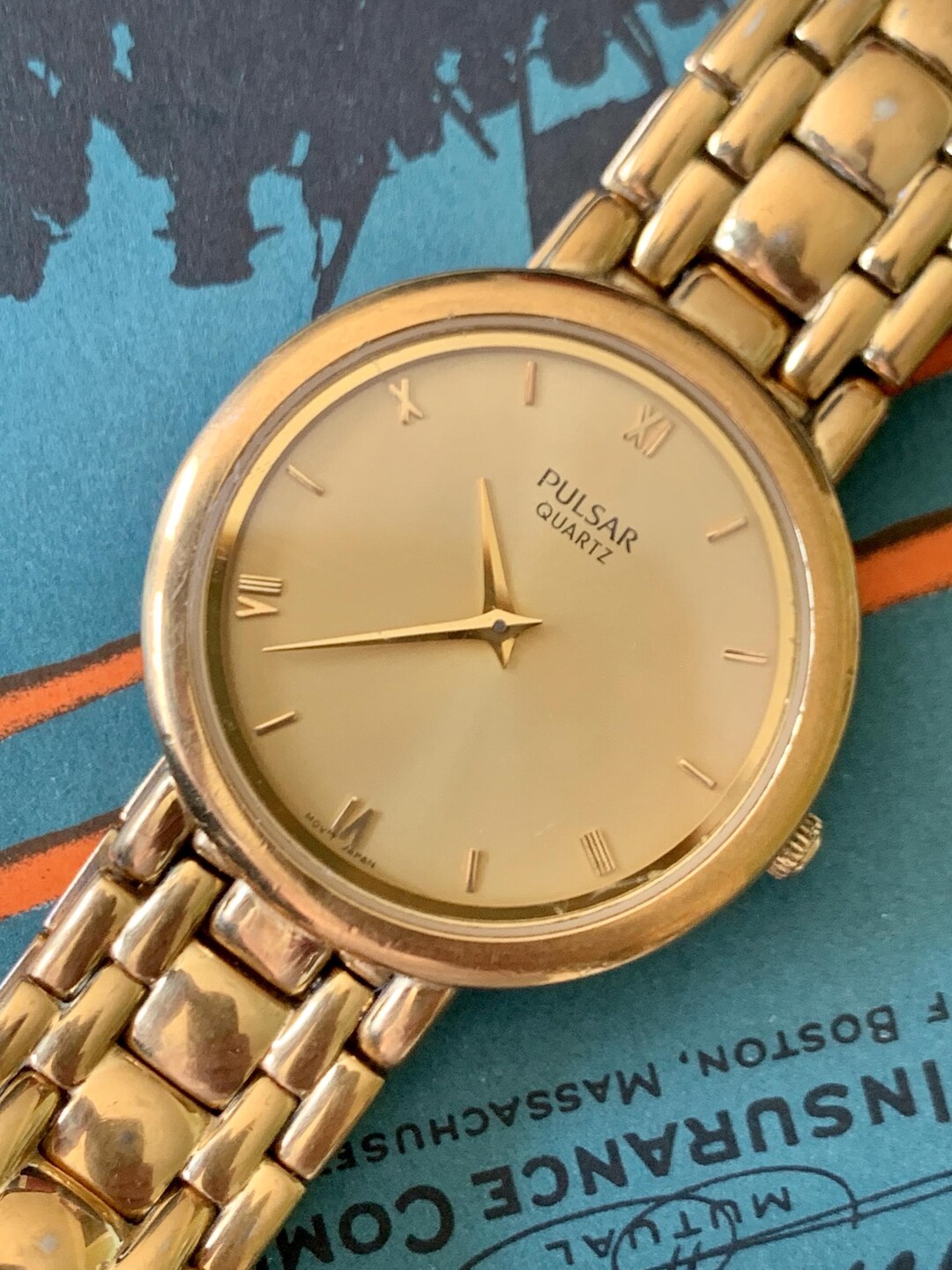 Vintage Pulsar Roman Gold Tone Quartz Watch V700-X018 - Dressy, Formal ...