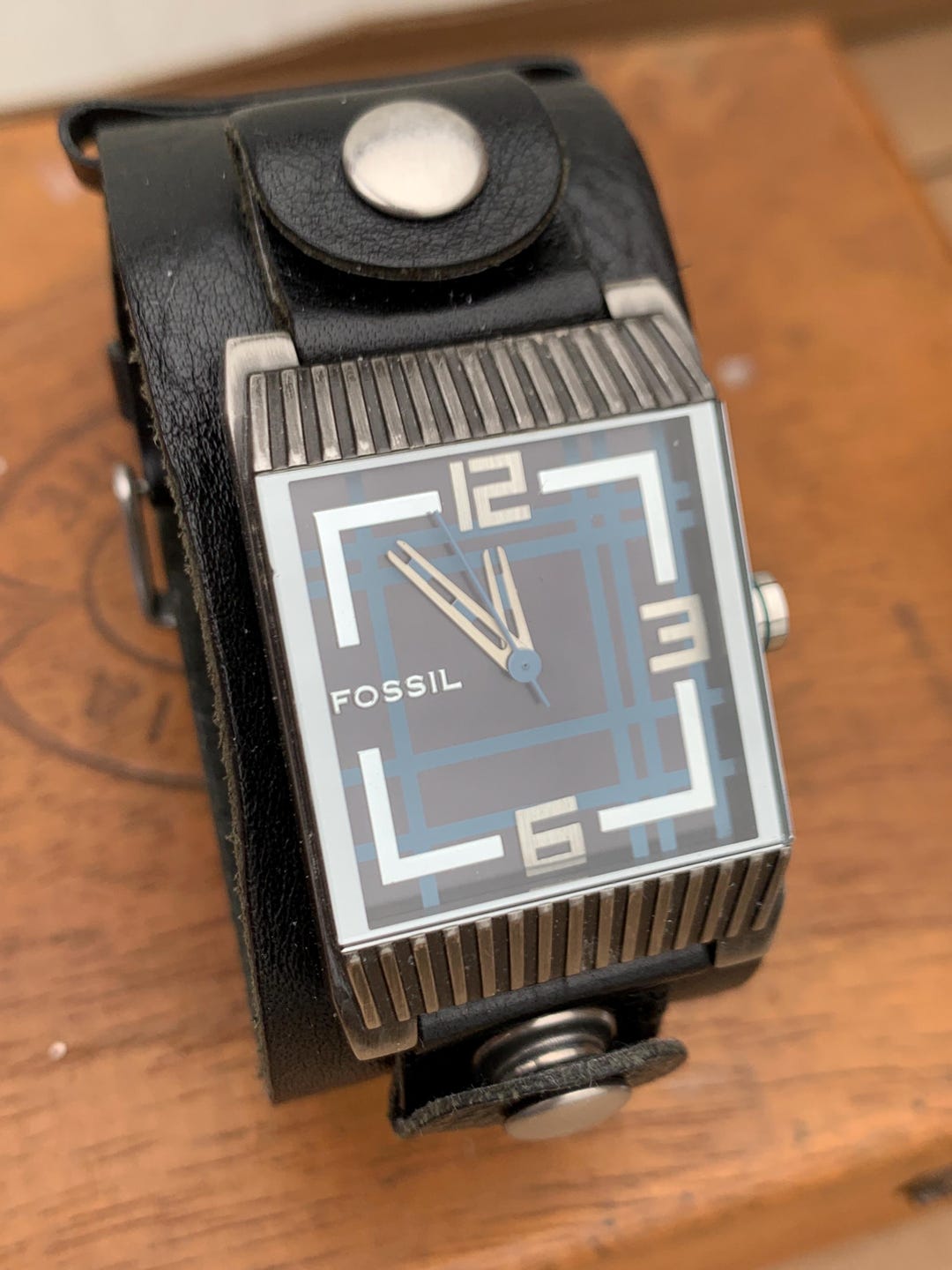 Funky Fossil Rectangle With Modernist Plaid Dial. Blue Silver Dark Blue ...
