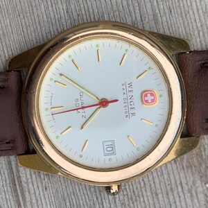 Wenger SAK Design Swiss Army Style 1990s Gold Quartz Watch Gold Bezel ...