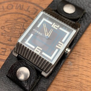 Funky Fossil Rectangle With Modernist Plaid Dial. Blue Silver Dark Blue ...