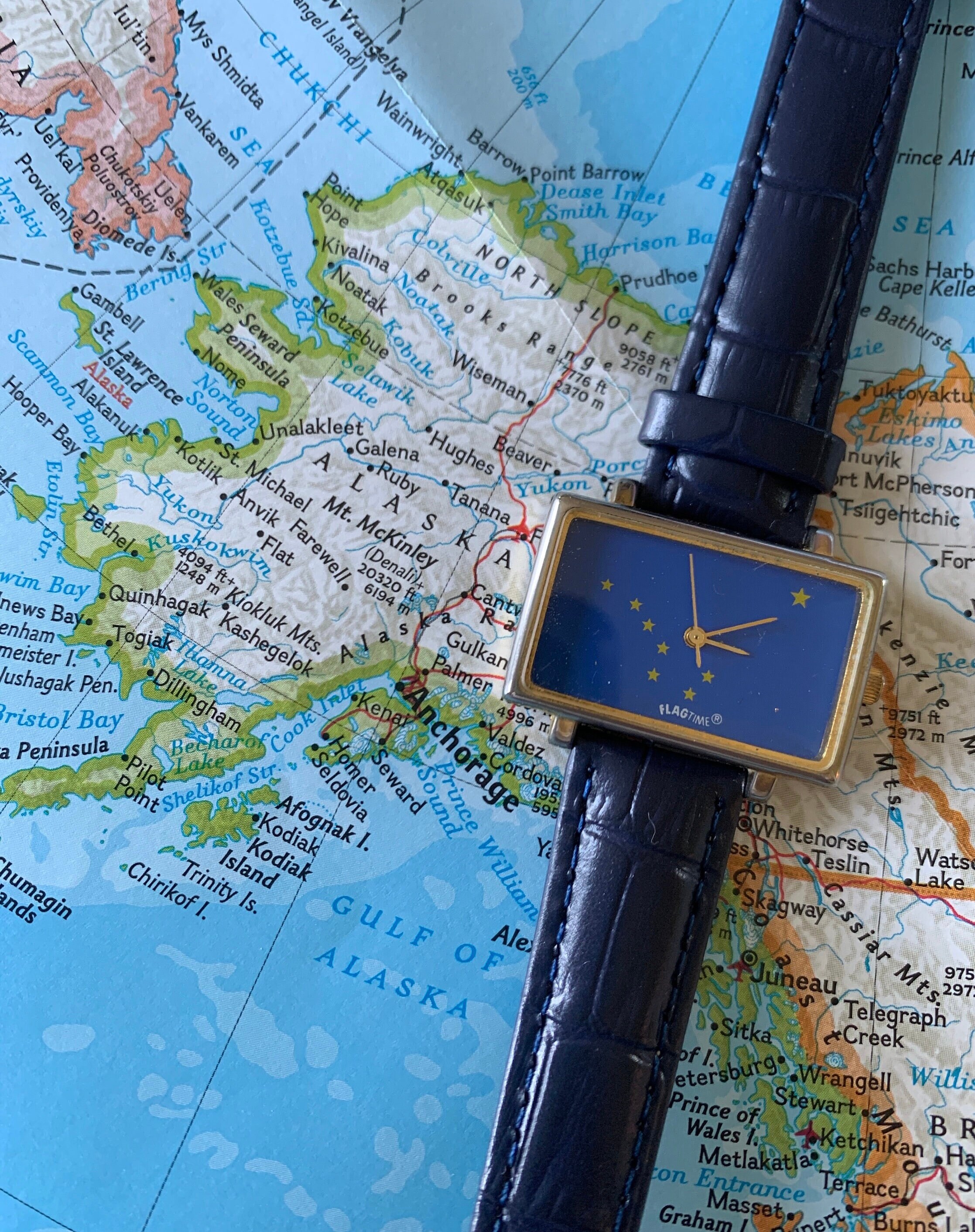 1980s Alaska Flag Watch From Flagtime Watch Co. - Rectangular Blue Dial ...