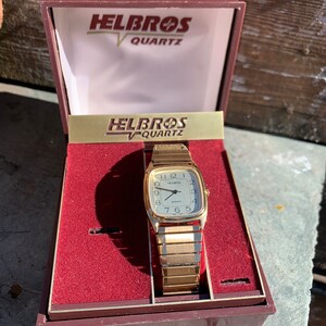 1990s Helbros Quartz Tank Watch Gold Tone Finish, Gold Dial, in Box ...