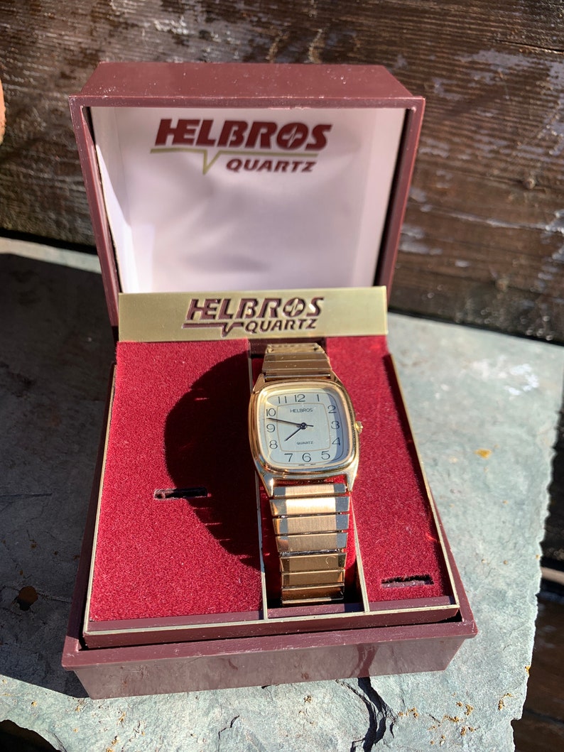 1990s Helbros Quartz Tank Watch Gold Tone Finish, Gold Dial, in Box ...
