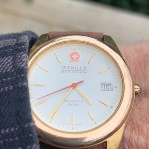 Wenger SAK Design Swiss Army Style 1990s Gold Quartz Watch Gold Bezel ...