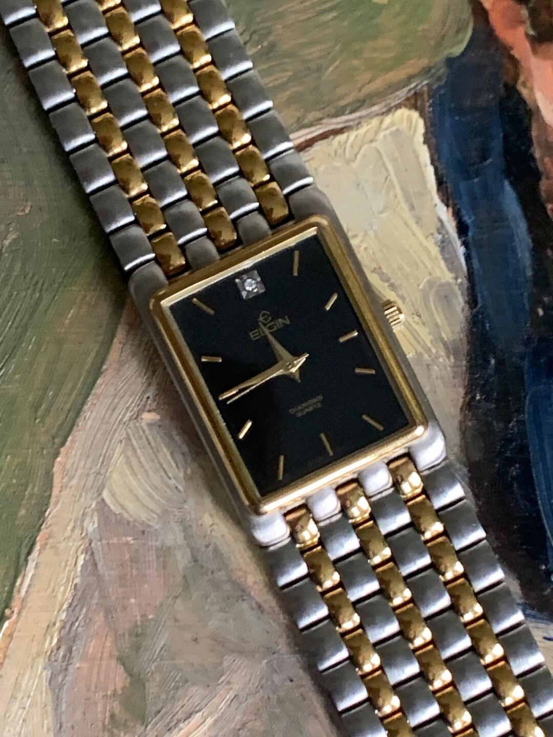 Fancy Elgin Tank Watch 1980s Elgin Two Tone Diamond Quarts Metal Tank ...