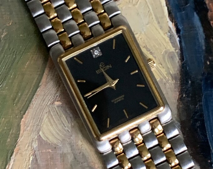 Fancy Elgin Tank Watch 1980s Elgin Two Tone Diamond Quarts Metal Tank ...