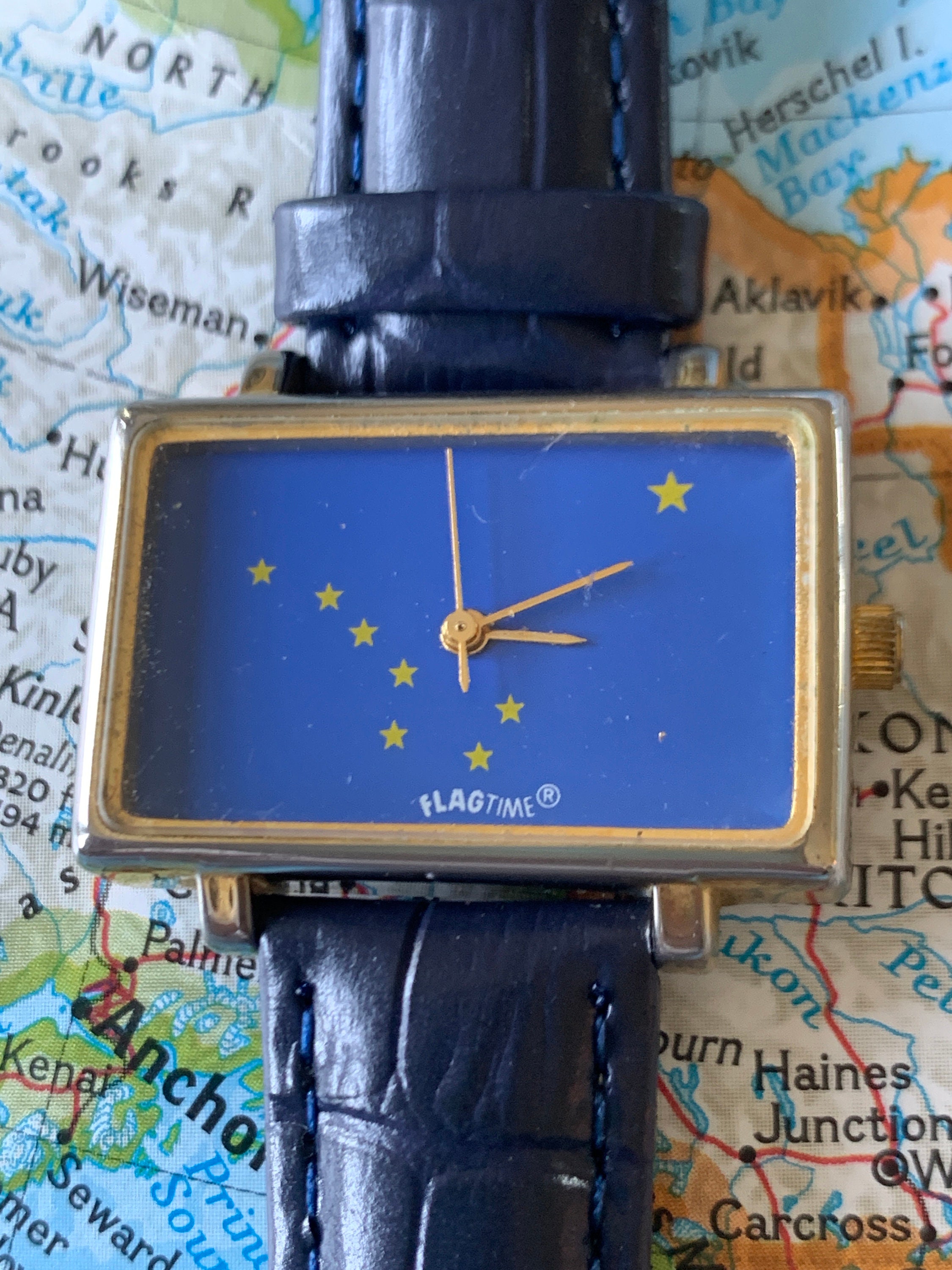 1980s Alaska Flag Watch From Flagtime Watch Co. - Rectangular Blue Dial ...