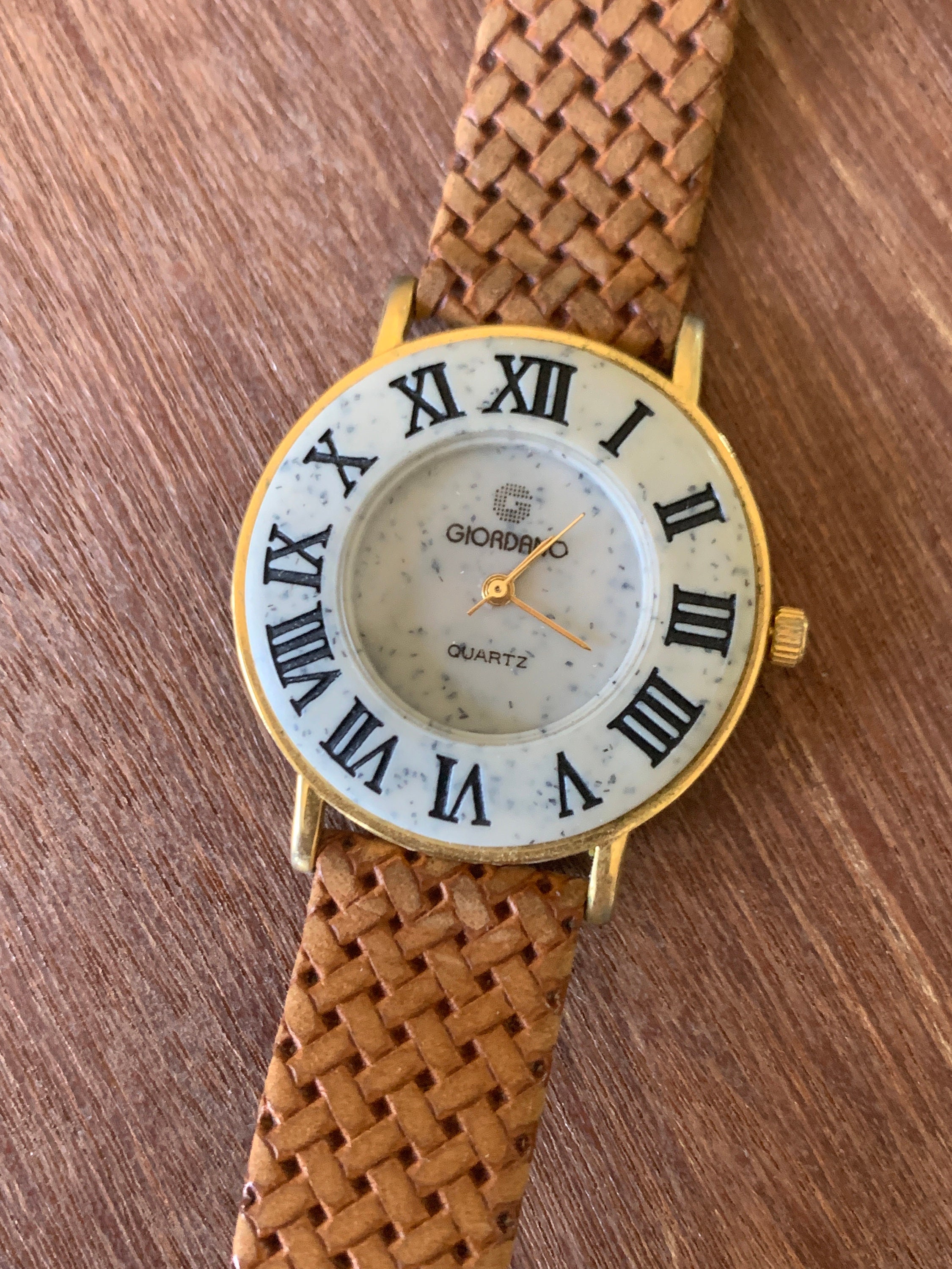 1990s Faux Stone and Gold sundial Watch From Giordano. Inset Roman ...