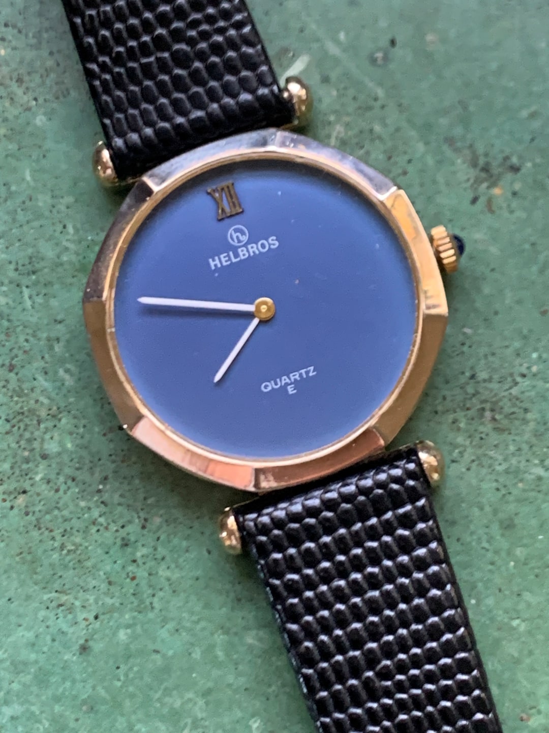 1980s Fancy Lugs Helbros Quartz Watch Gold Tone Finish, Octagon. Blue ...