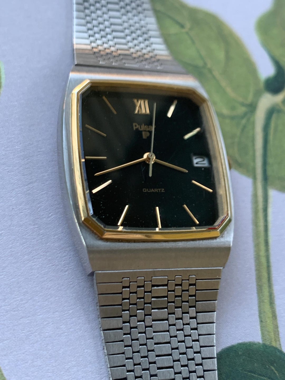1990s Pulsar Tank Watch - Black Dial With Roman 12 and Gold Indices ...