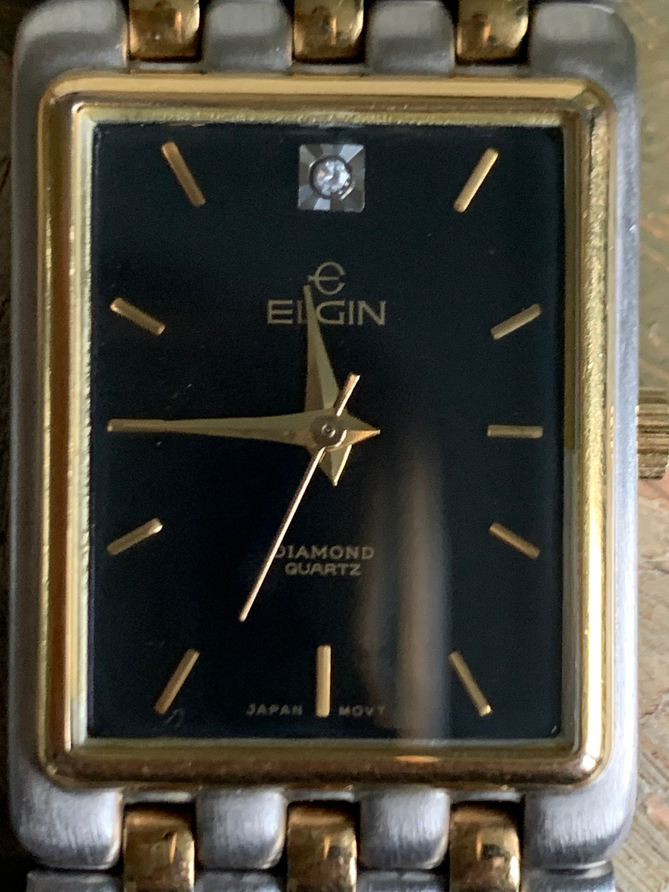 Fancy Elgin Tank Watch 1980s Elgin Two Tone Diamond Quarts Metal Tank ...