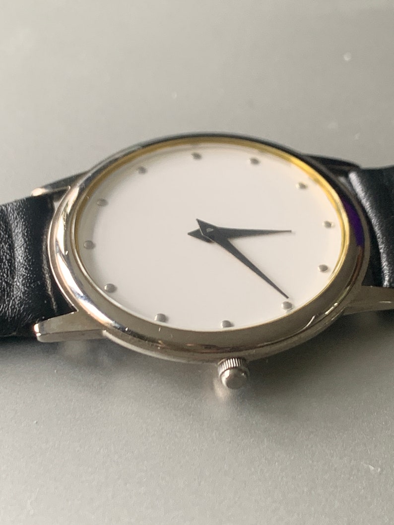 90s Minimalist Quartz Watch - Black Hands, White Dial, Silver Bezel and ...