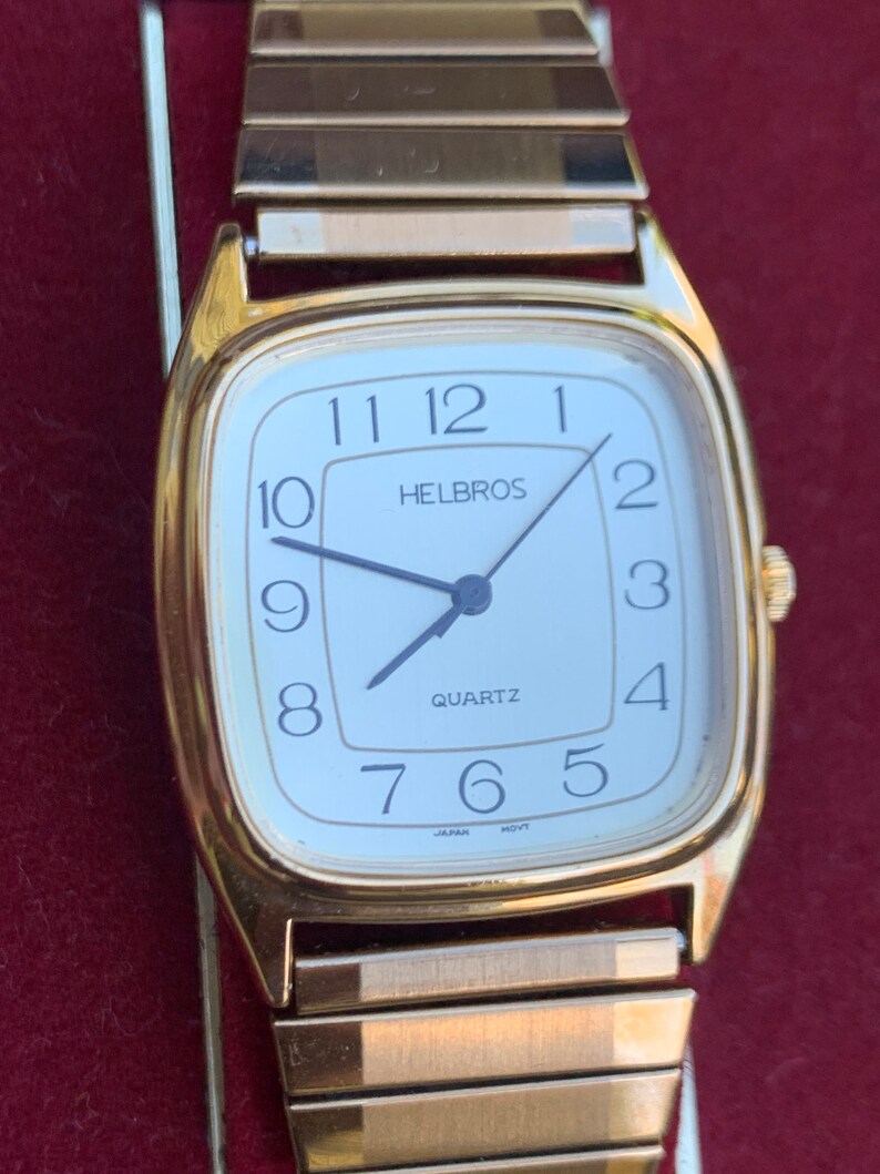 1990s Helbros Quartz Tank Watch Gold Tone Finish, Gold Dial, in Box ...