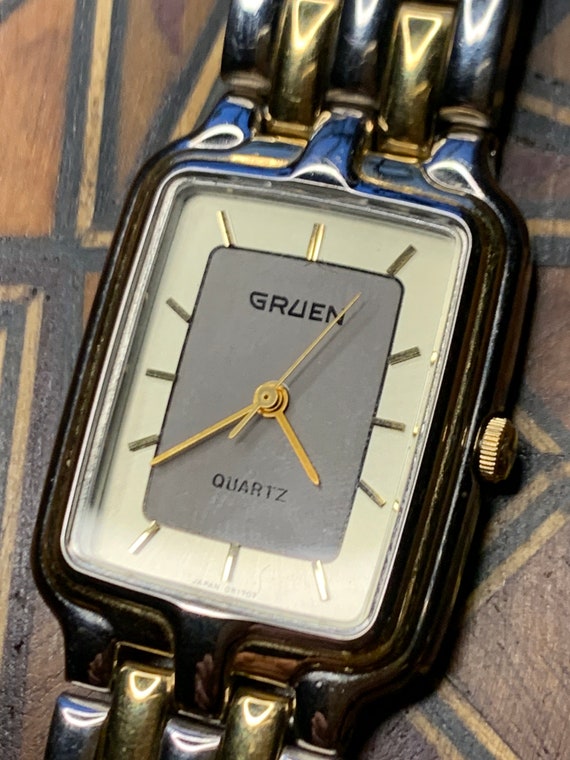 Neo-Vintage: 1980s Gruen Two Tone Metal Tank Watch - … - Gem