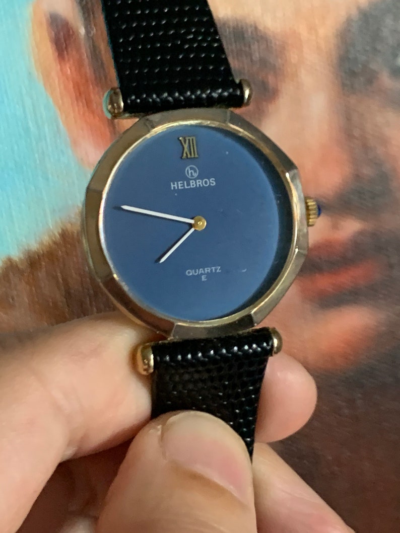 1980s Fancy Lugs Helbros Quartz Watch Gold Tone Finish, Octagon. Blue ...